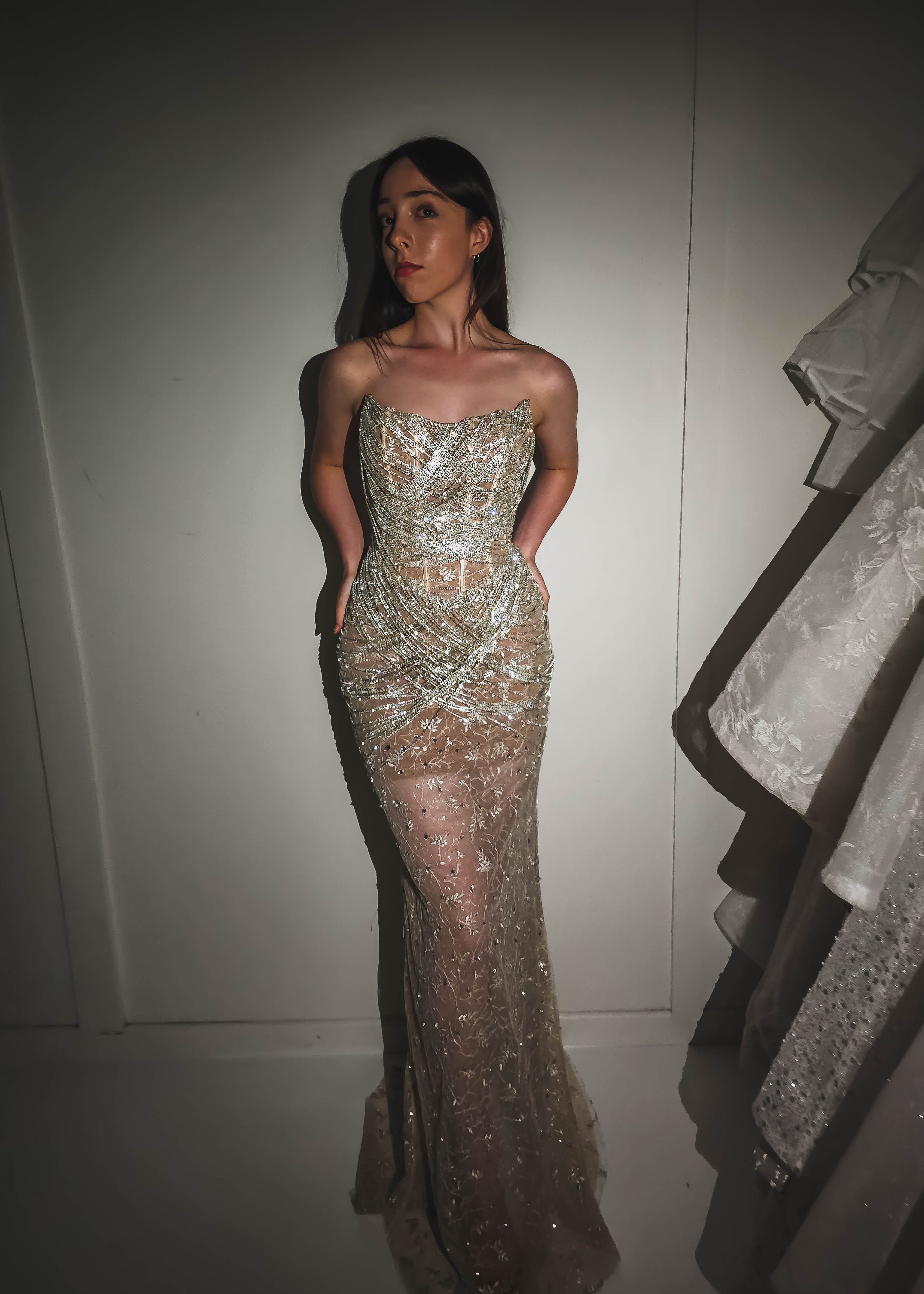 Shaquilla Nude sheer leg crystal chain dangling mermaid dress for hire ...