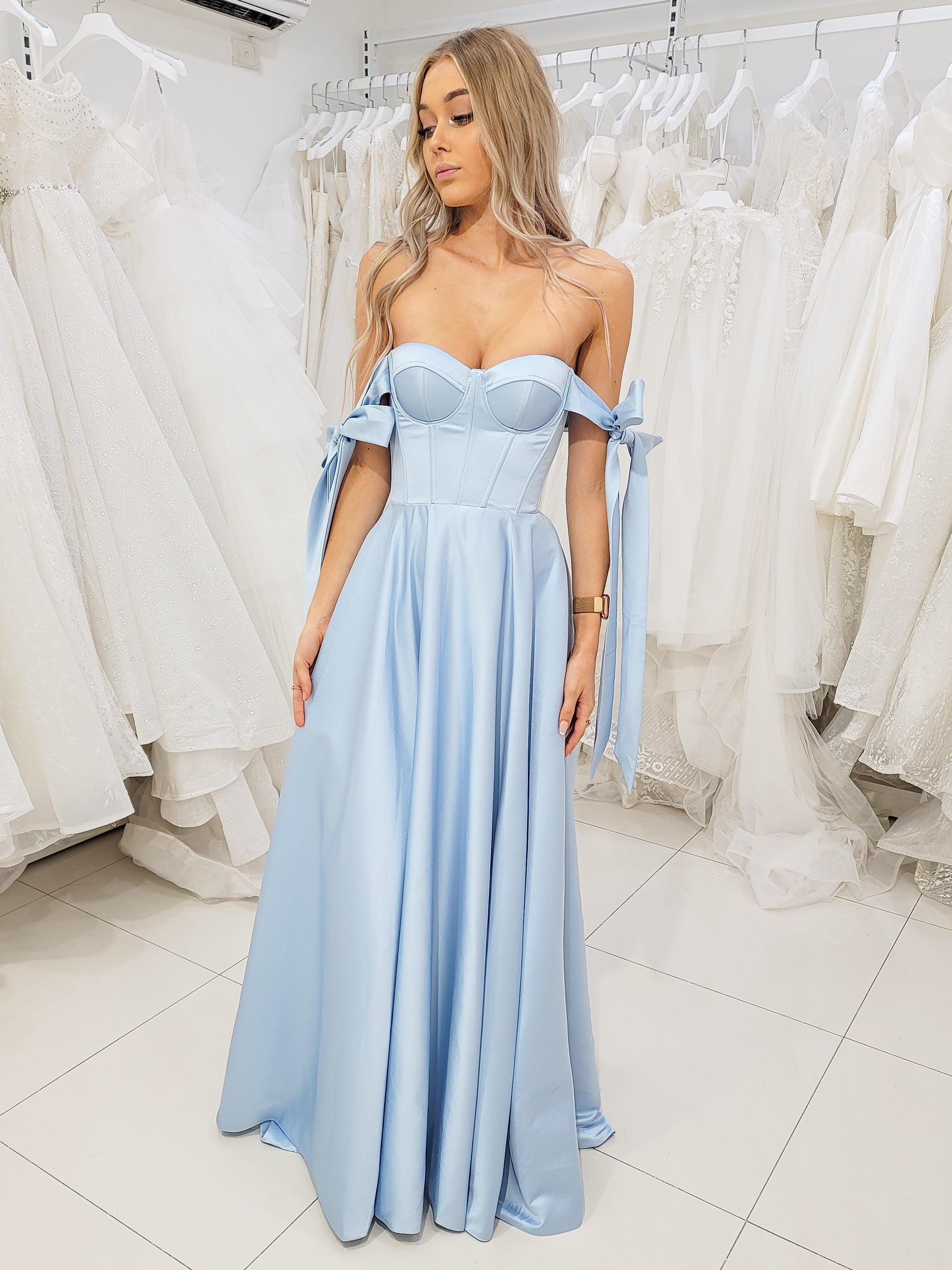 Bustier corset baby blue dress with self-tie bows – Destiny Chic