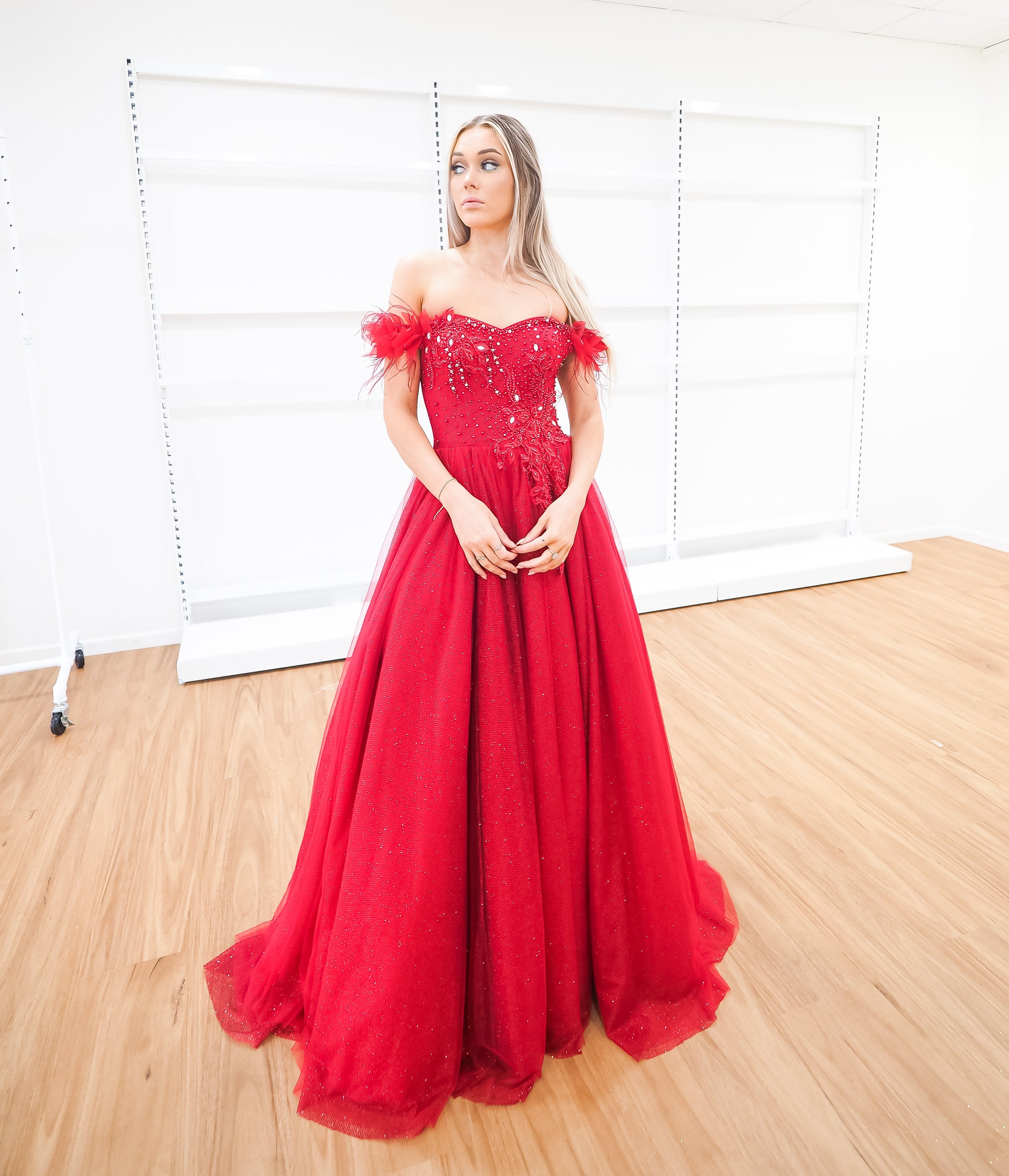 Fiona dark red sparkling princess dress with off the shoulder feathers ...