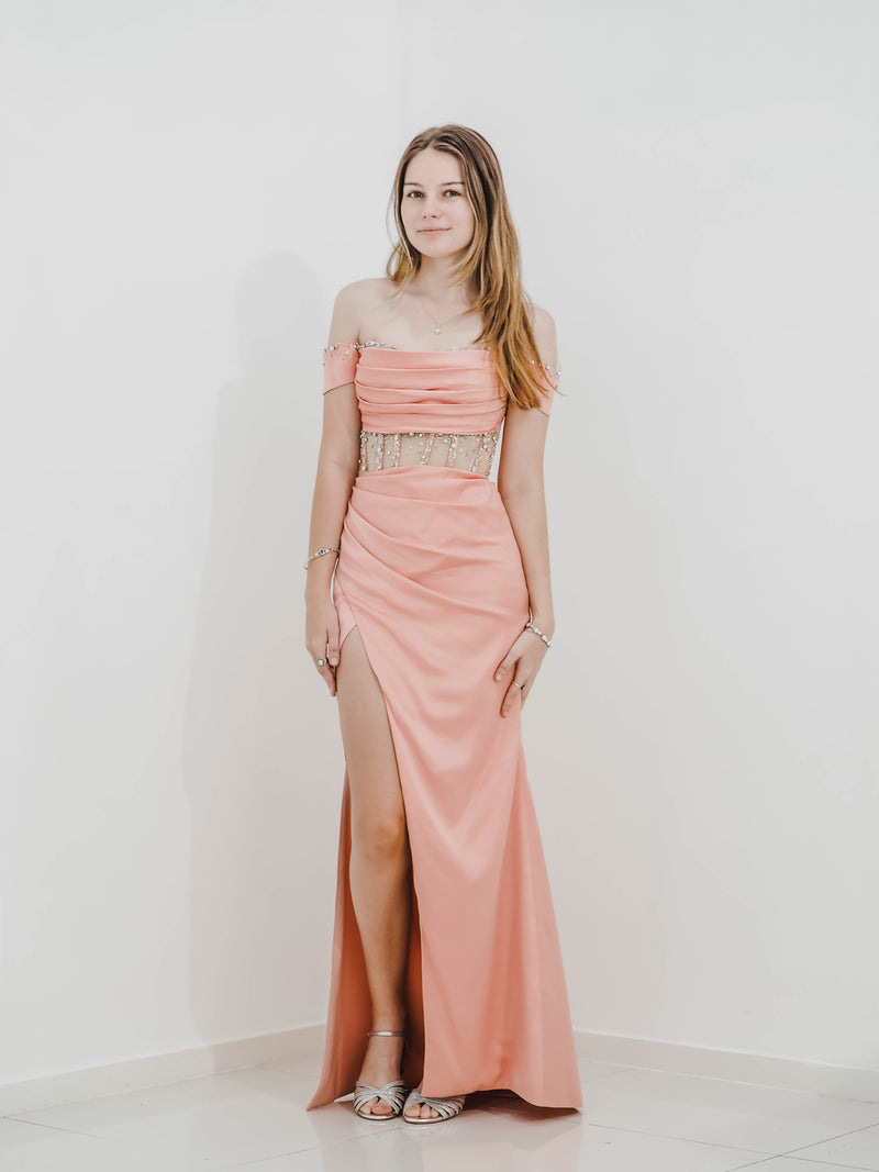 Cecilia inspired coral satin column dress with off the shoulder and hi ...