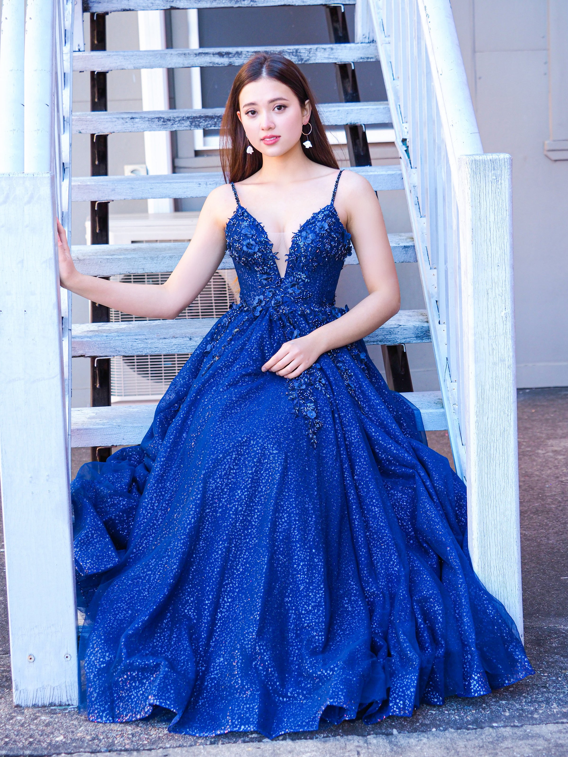 Jayleen sparkling navy blue 3D flower princess dress for hire – Destiny ...