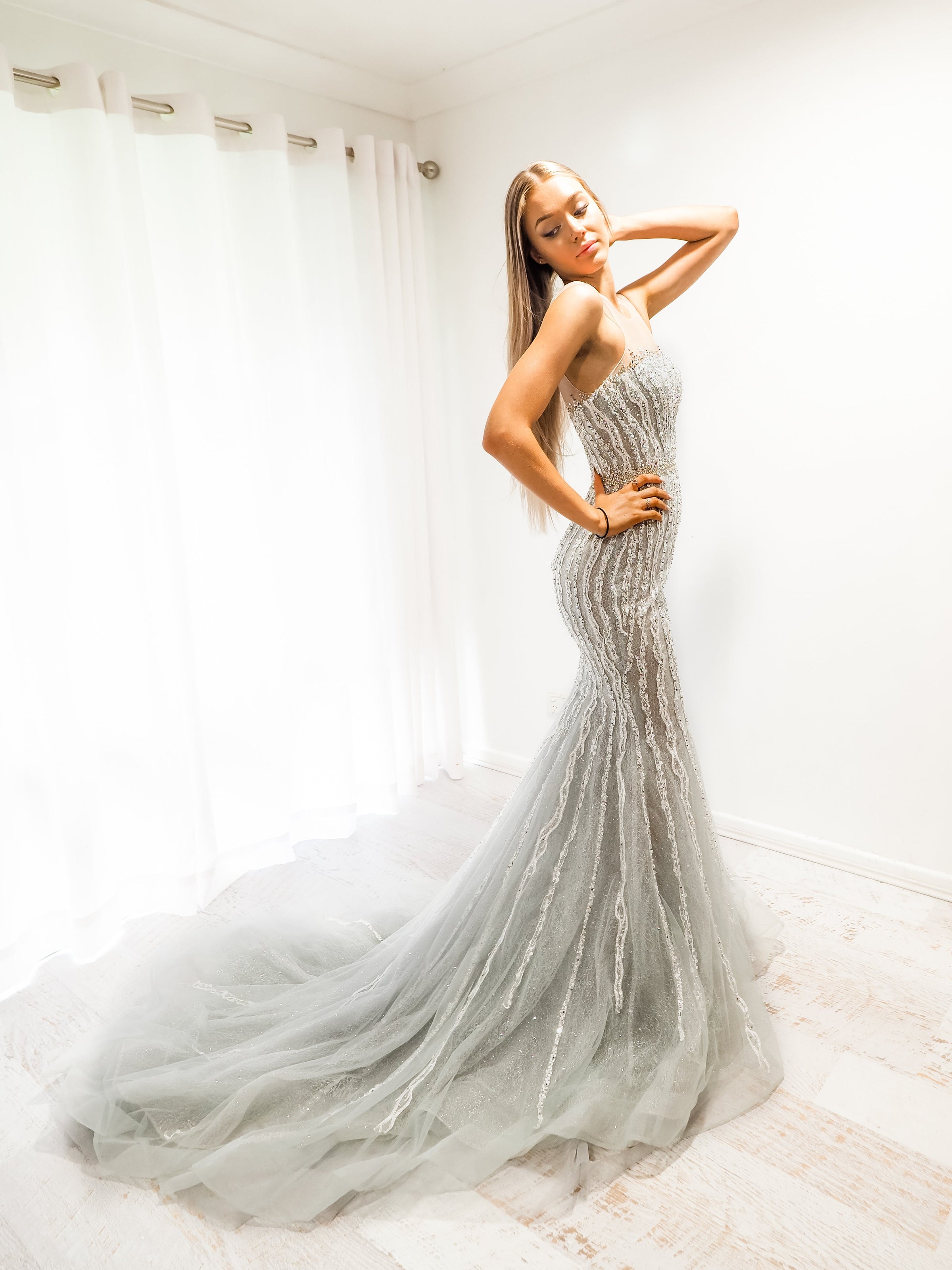 Katrina Silver mermaid dress with long train – Destiny Chic